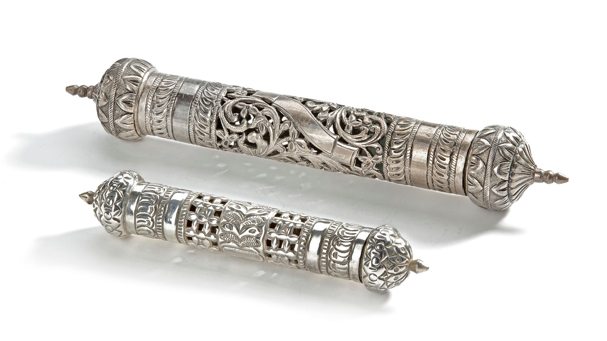 TWO OTTOMAN SILVER PIERCED SCROLL CASES, 19TH CENTURY