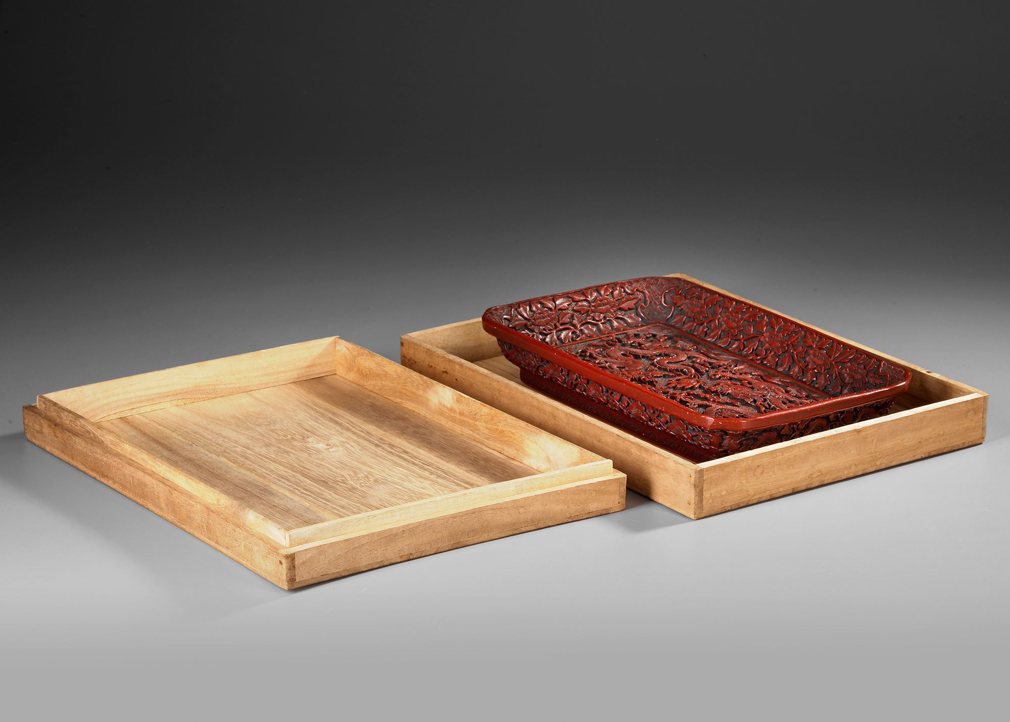 A CHINESE RED LACQUERED TRAY WITH DOUBLE DRAGON AND BUDDHIST FLAME ...