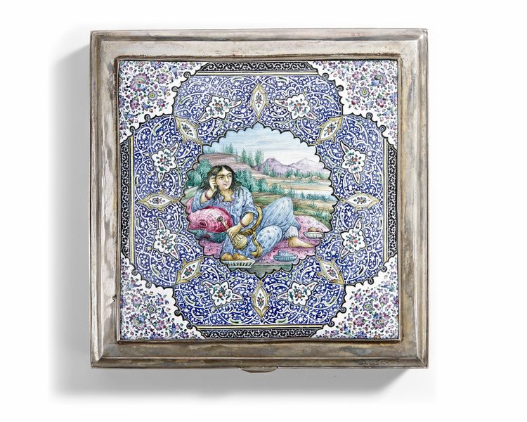 A SILVER SQUARE BOX DEPICTING A LADY, PERSIA, 19TH CENTURY