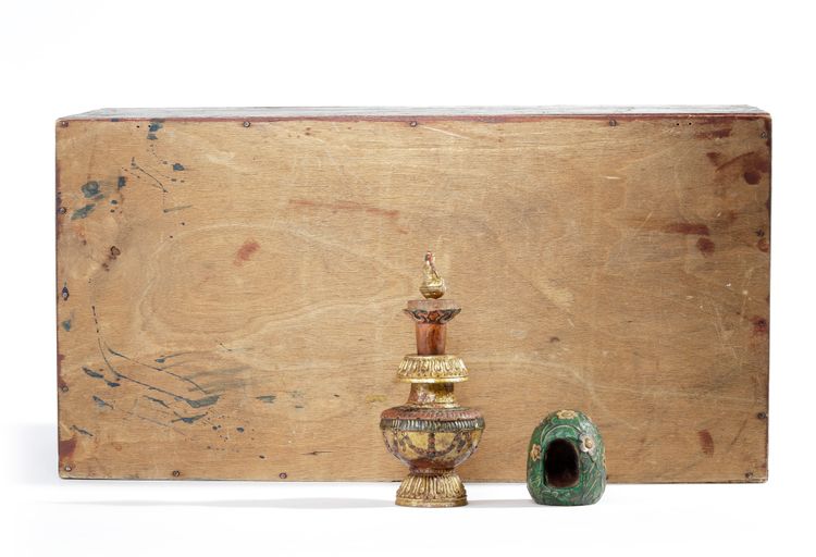 A MONGOLIAN BUMPA AND A LACQUERED WOOD ALTAR BOX