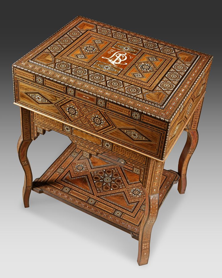 A SYRIAN TABLE BOX IN PRECIOUS WOOD MARQUETRY AND MOTHER-OF-PEARL INLAY ...